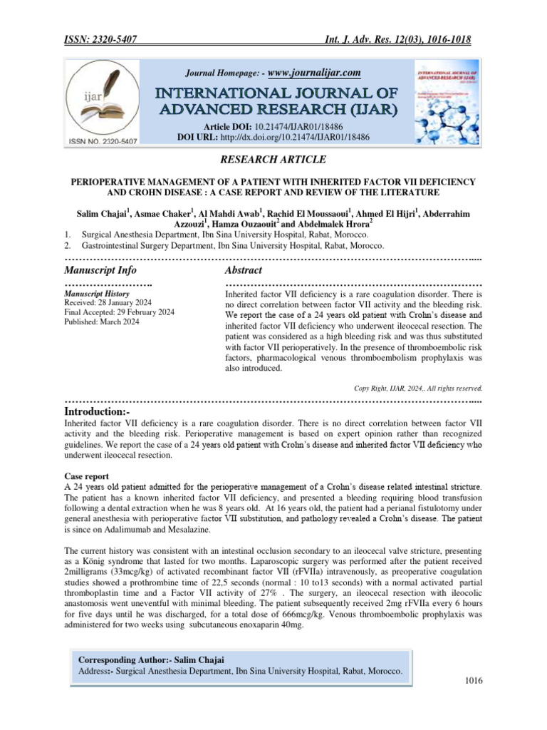 PERIOPERATIVE MANAGEMENT OF A PATIENT WITH INHERITED FACTOR VII ...