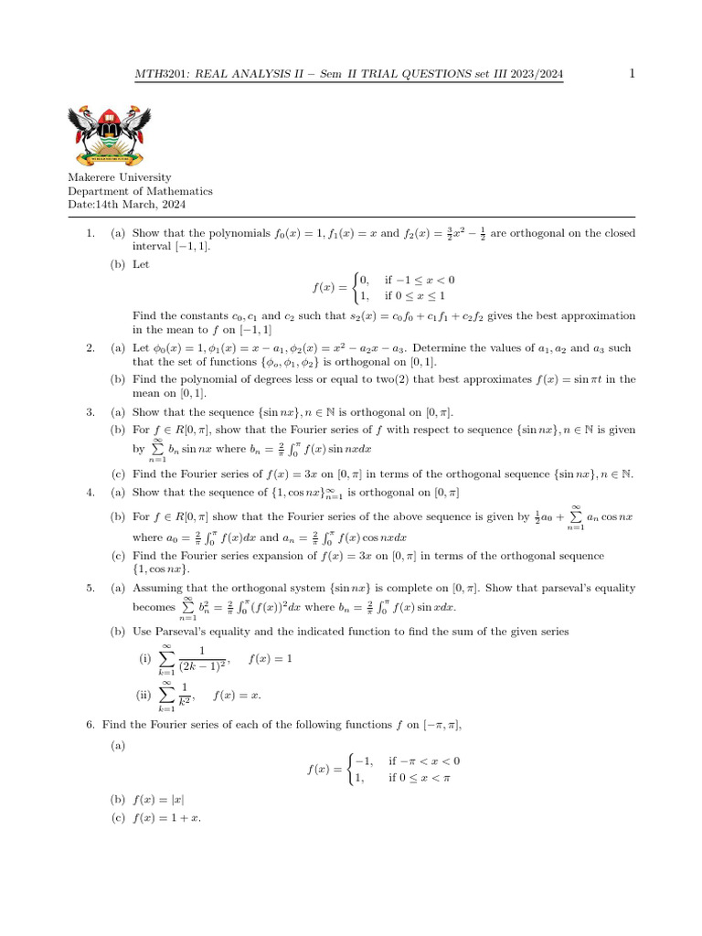 MTH3201 Real Analysis II Trial Questions | PDF | Numerical Analysis | Mathematics