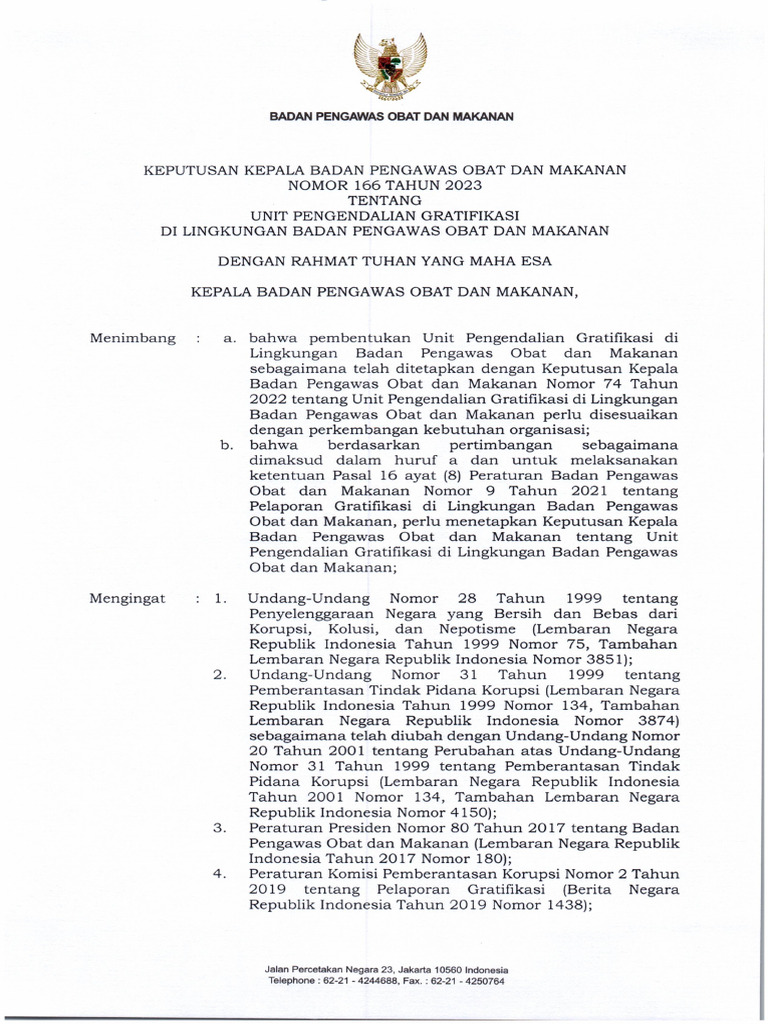 Keputusan Kepala BPOM Nomor 166 Tahun 2023 Tentang Unit Pengendalian Gratifikasi Di Lingkungan ...