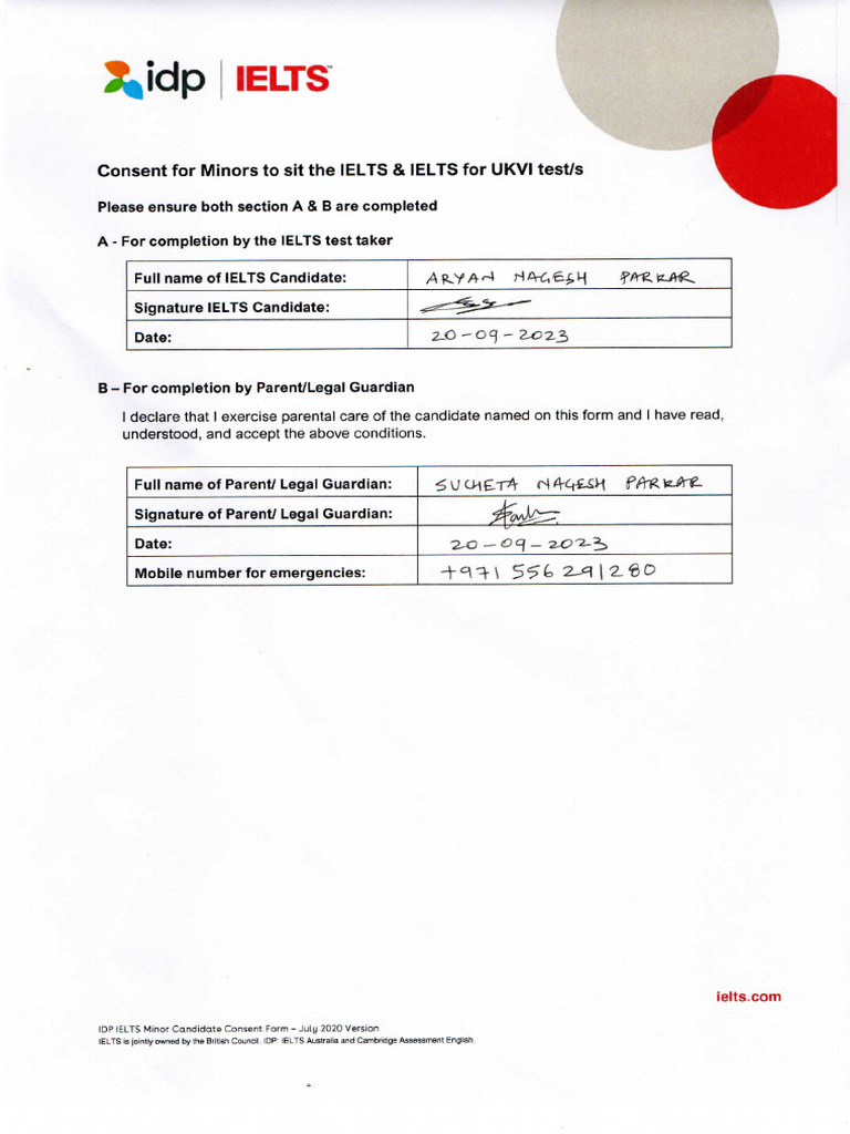 IELTS Minor Consent Form | PDF