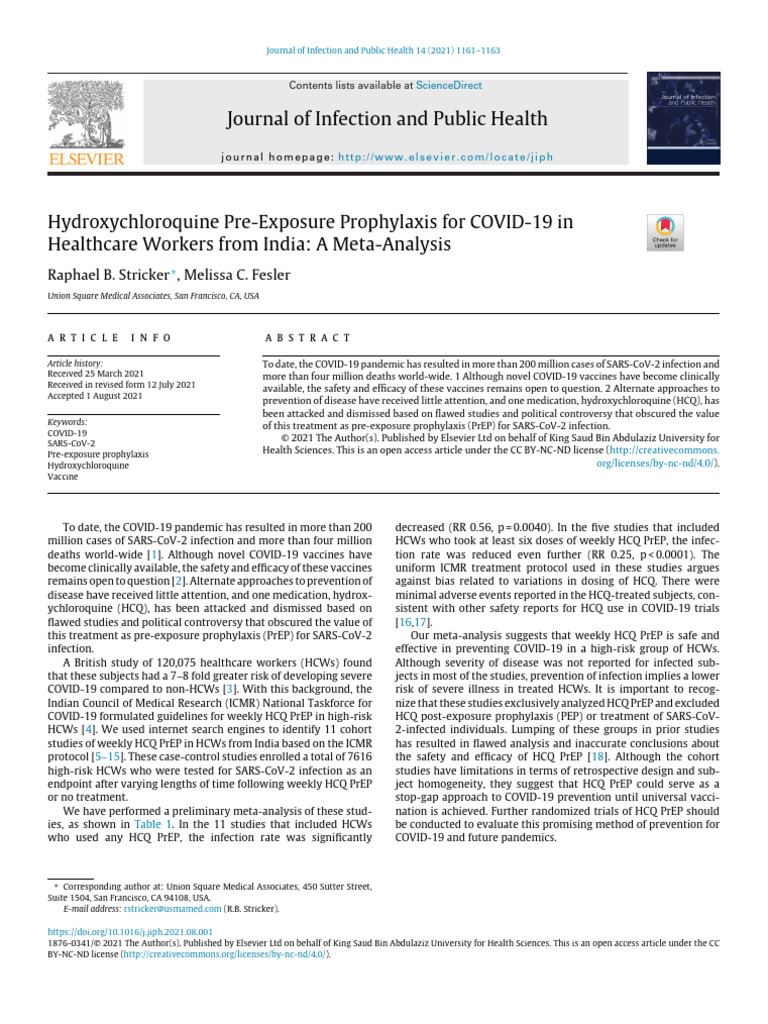 Hydroxychloroquine Pre-Exposure Prophylaxis For COVID-19 - JIPH (EN ... Hydroxychloroquine Pre-Exposure Prophylaxis For COVID-19 - JIPH (EN ...