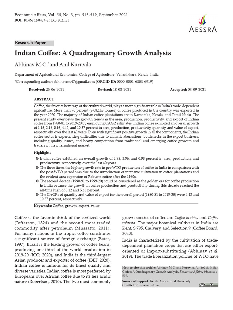 Indian Coffee: A Quadragenary Growth Analysis: Abhinav M.C. and Anil ...