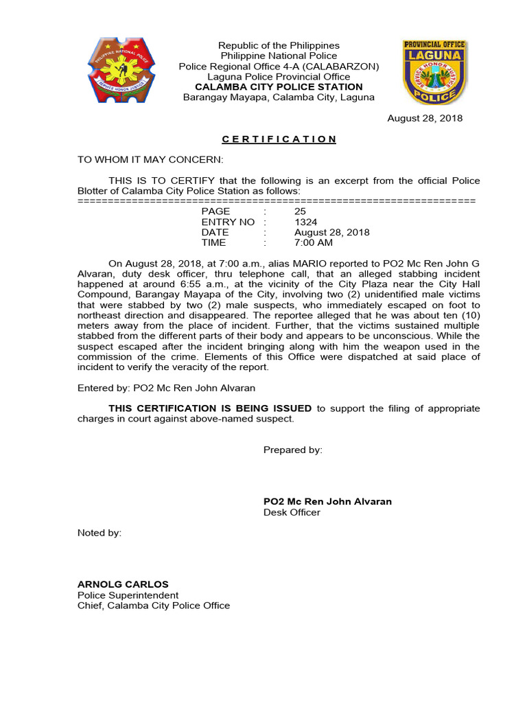 K-2 - Certification OR Extract Police Blotter | PDF | Crimes | Crime ...