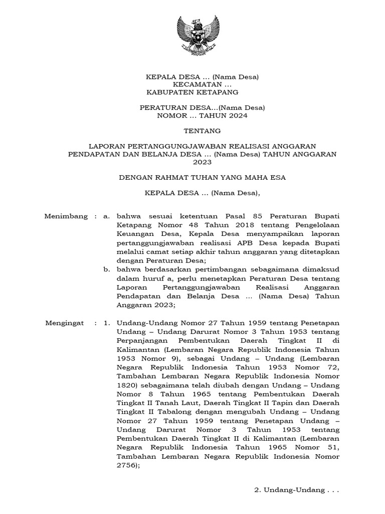 FIX FORMAT PERDES TENTANG Laporan Pertanggungjawaban Realisasi APBDES TA.2023 | PDF