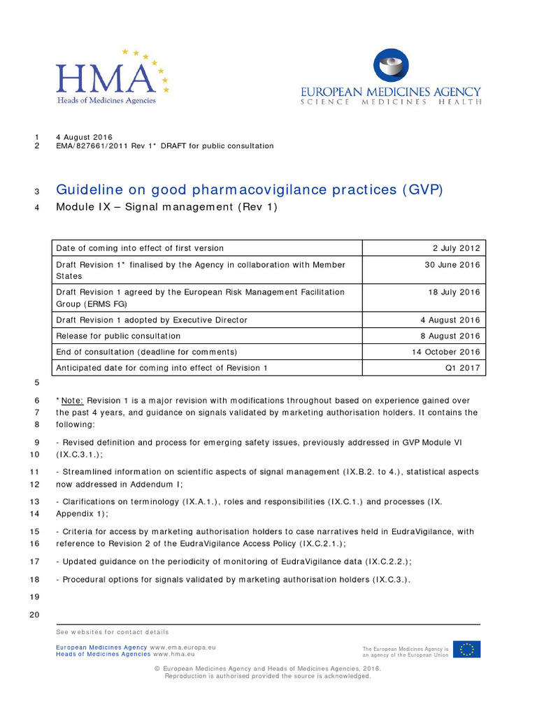 Draft Guideline Good Pharmacovigilance Practices GVP Module Ix Signal Management Rev 1 - en ...