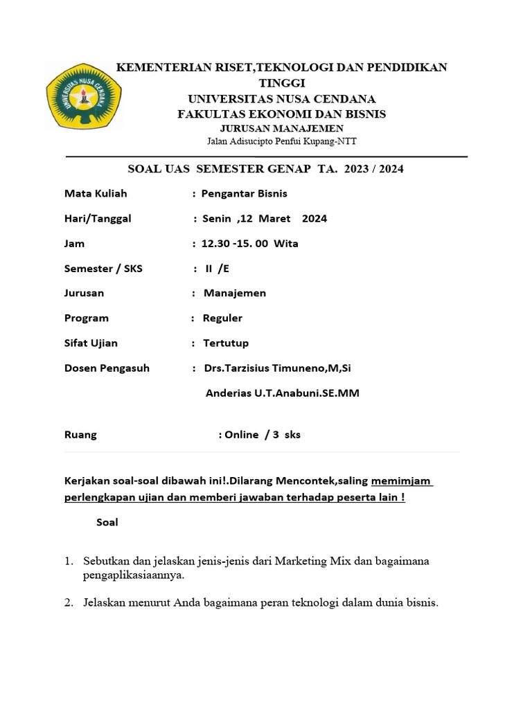SOAL UTS - 2024 SENIN - Jumat | PDF
