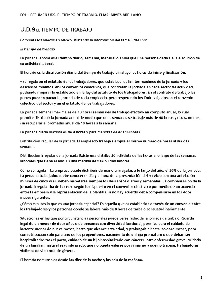 Elias Jaimes - Resumen UD3 | PDF | Tiempo de trabajo | Derecho laboral
