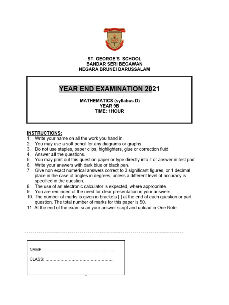 Year 9b Year End 2021 Mathd Pdf Area Mathematics