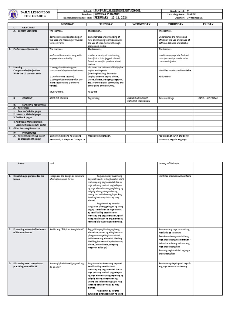 DLL Mapeh-5 Q3 W2 | PDF