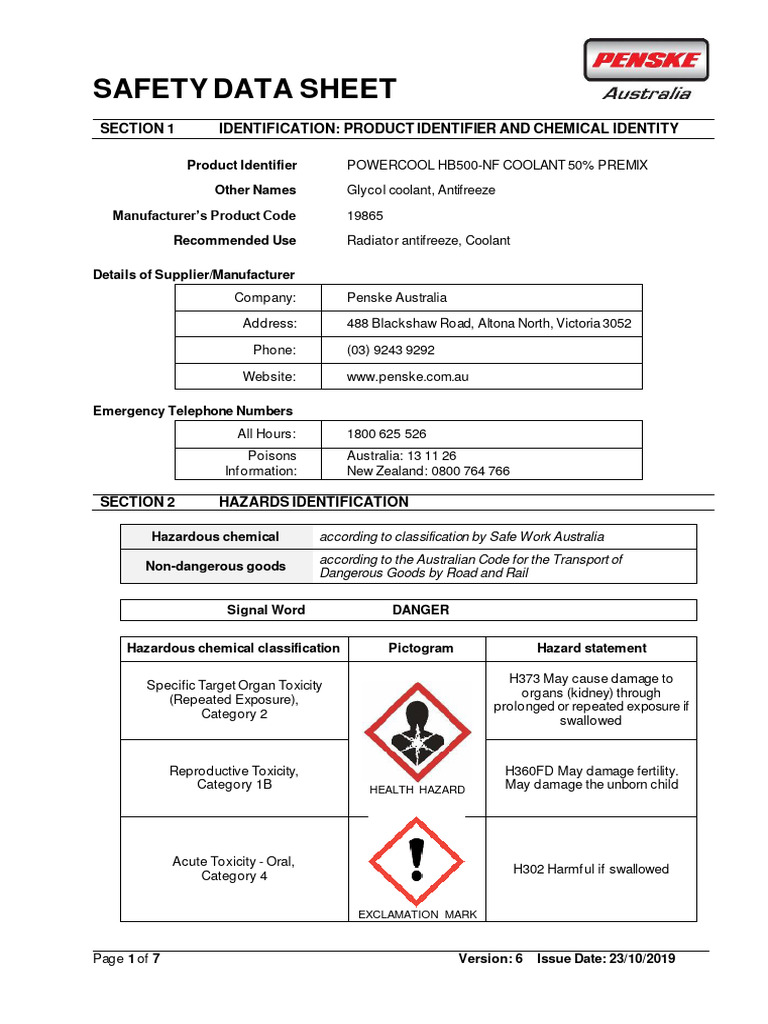 Powercool HB500-NF Coolant Safety Data | PDF | Toxicity | Dangerous Goods