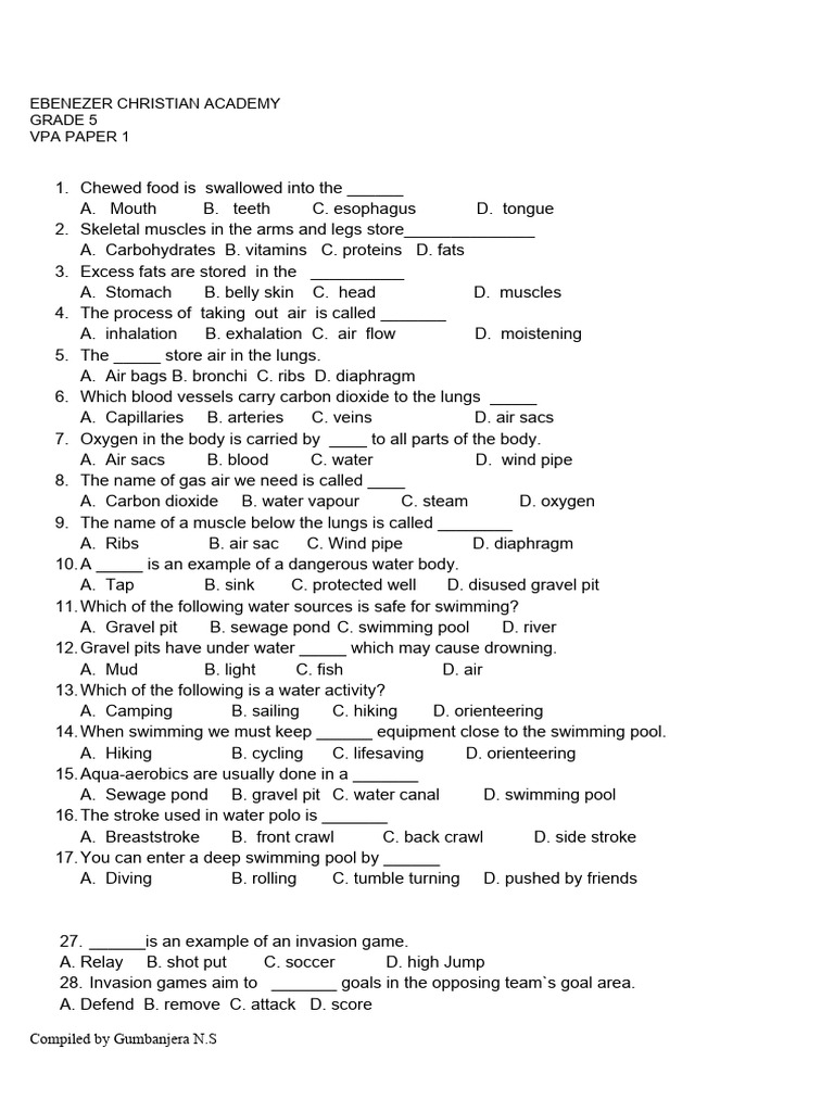 Grade 5 P.E and Arts Paper 1 End of Year Exams 2022-1 | PDF | Lung | Blood