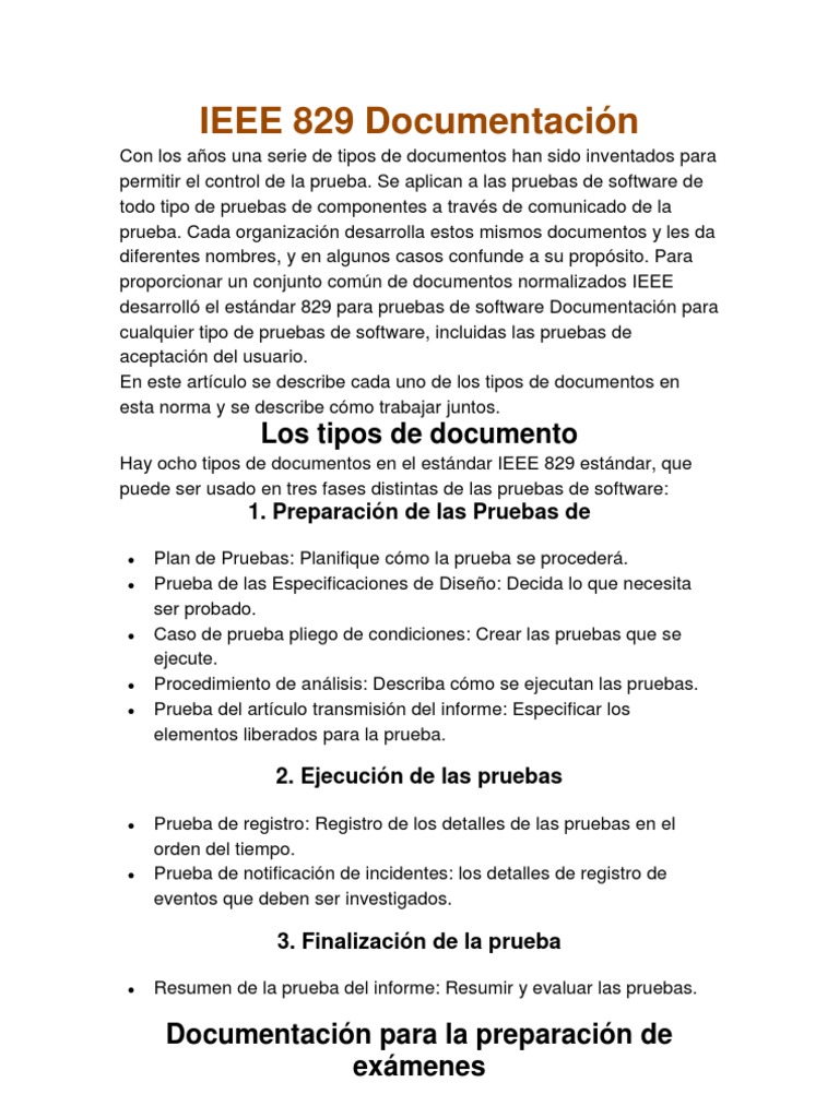 IEEE 829 Documentación | PDF | Pruebas de software | Software