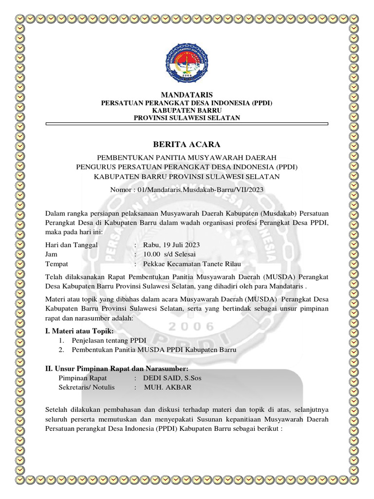 BA. Pembentukan Panitia Musda PPDI | PDF