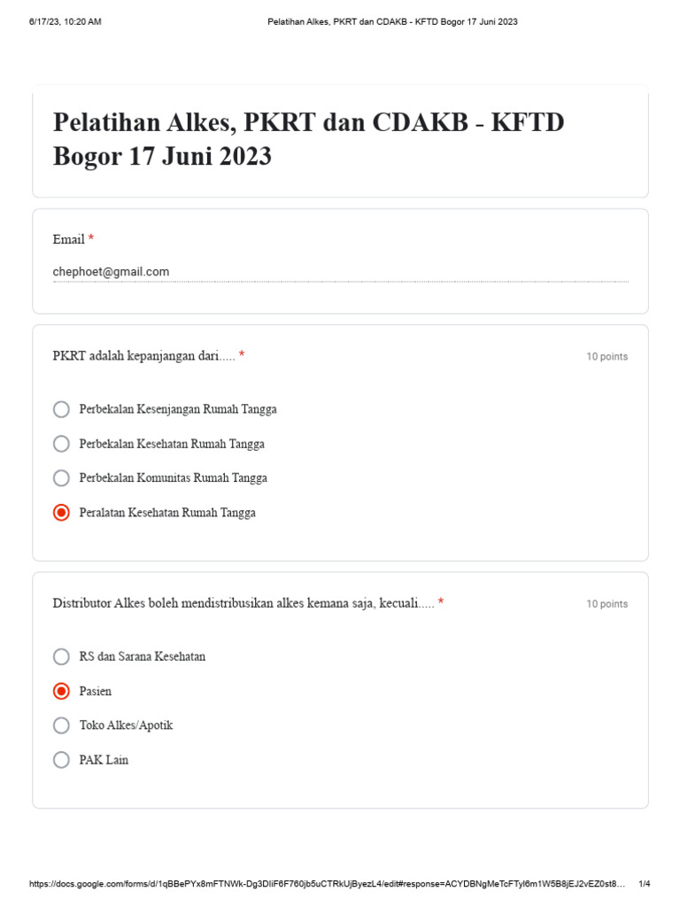 Quis Pelatihan Cdakb 17 Juni 2023 - ARDHY | PDF