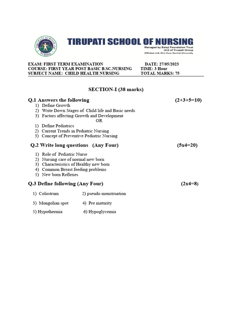 Firstyear Post Basic BSC Nursing 1st Term Paper 23 | PDF