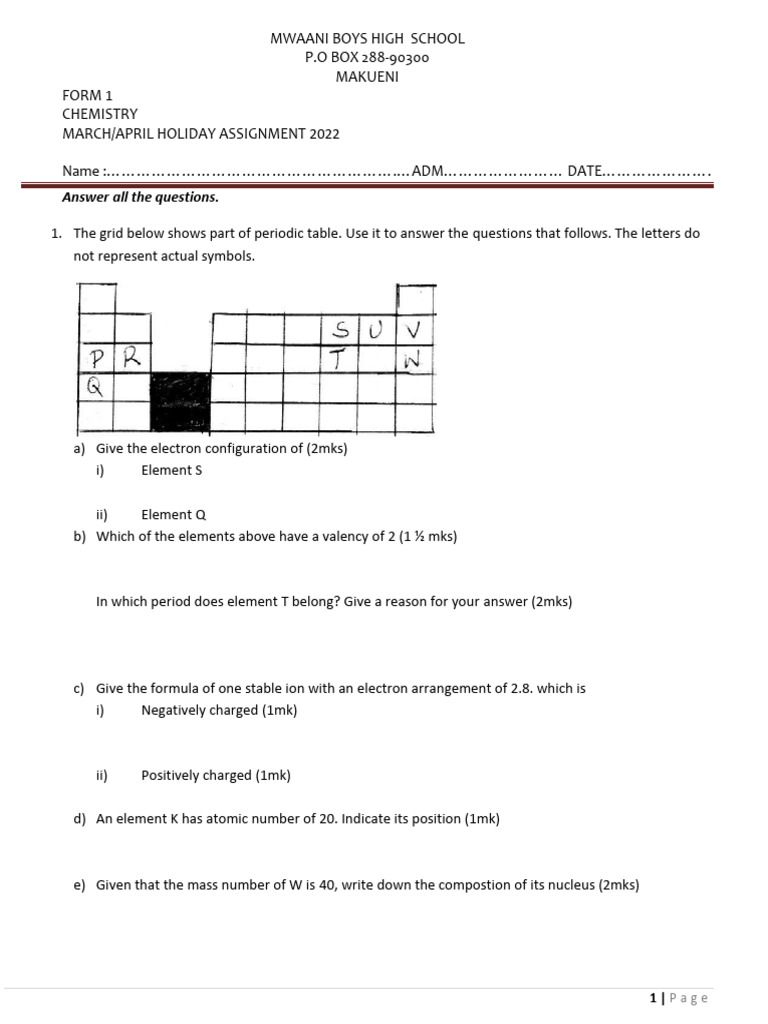 Mwaani Boys Form 1 Holiday Assignment | PDF | Chemical Elements ...