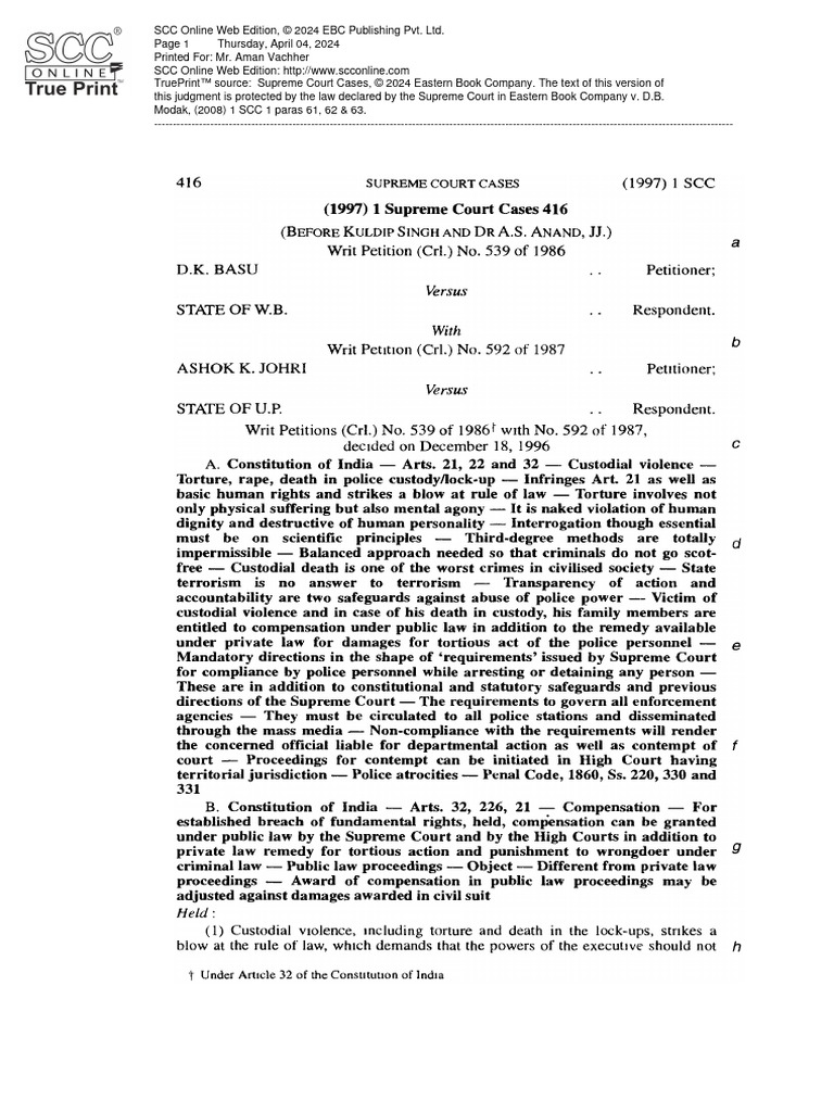 DK Basu Vs West Bengal - 11 Guidelines | PDF | Public Law | United ...