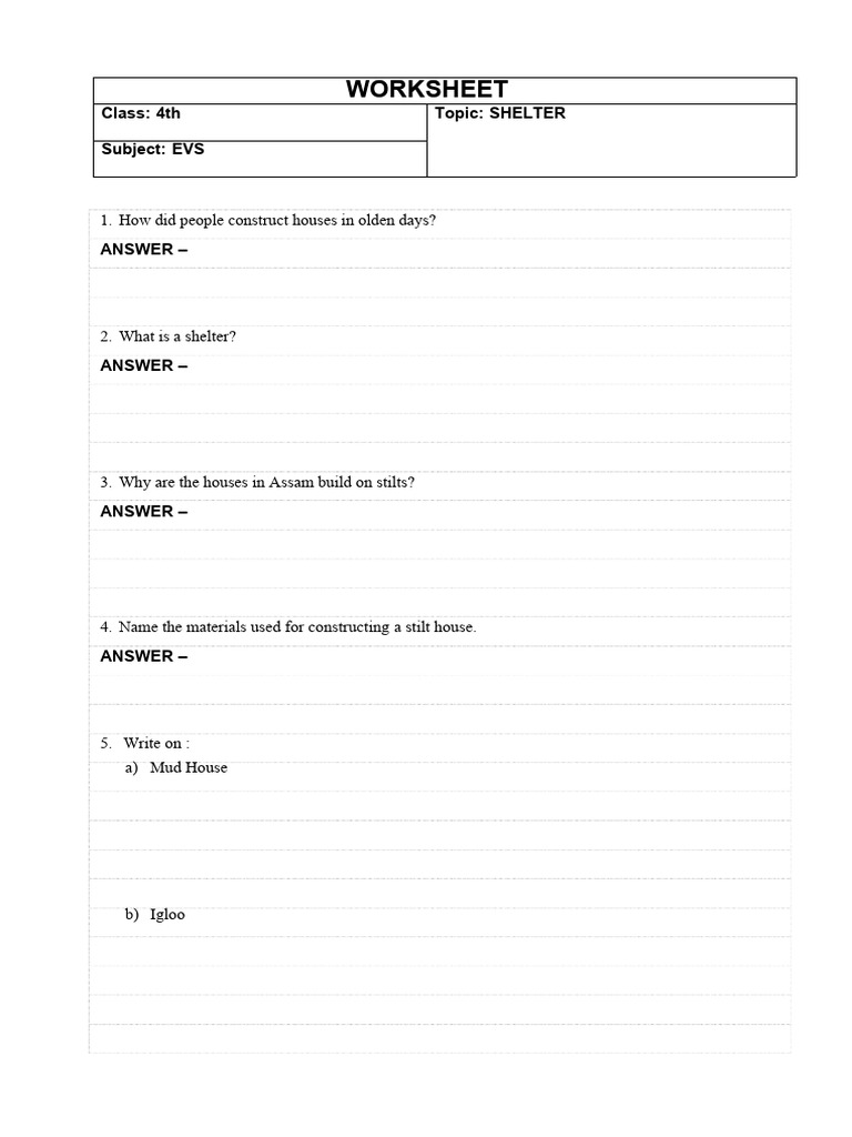 Shelter - Worksheet | PDF