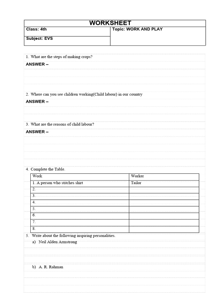 4th Grade EVS: Work and Play Worksheet | PDF