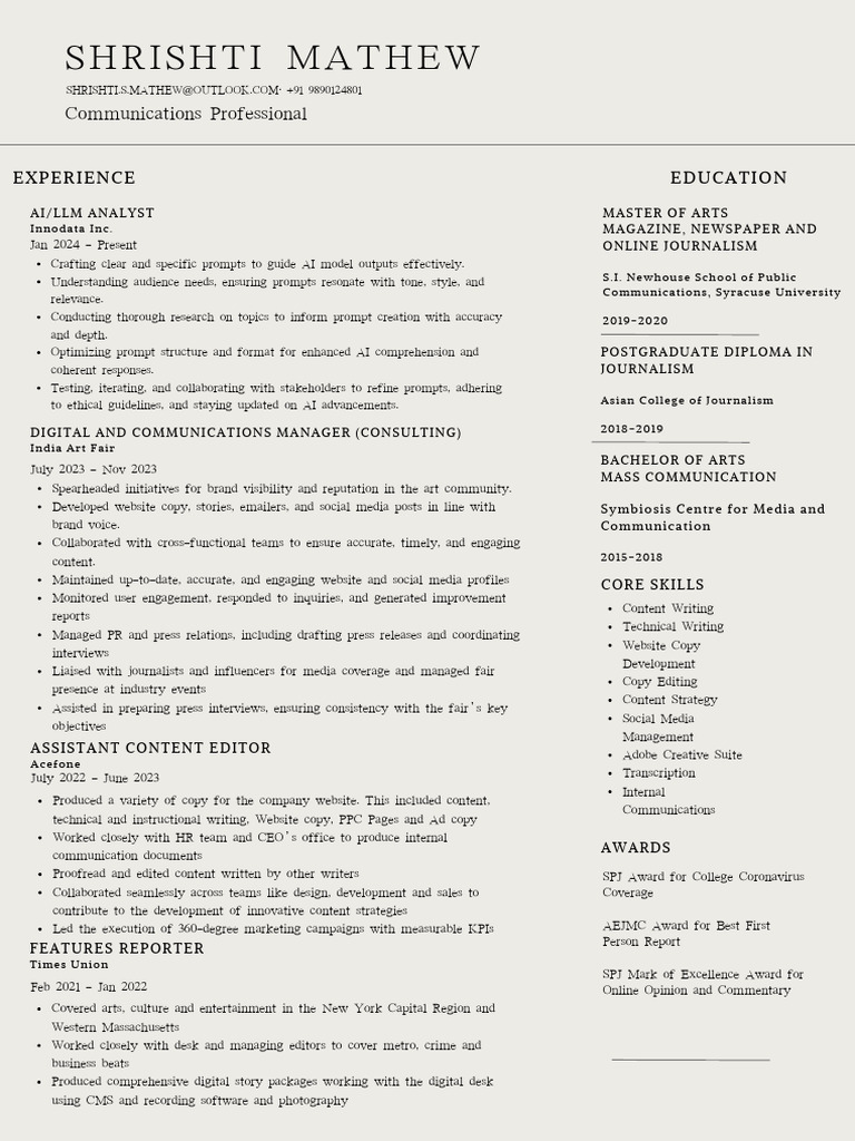 Shrishti Mathew Resume '24 | PDF | Journalism | Mass Media