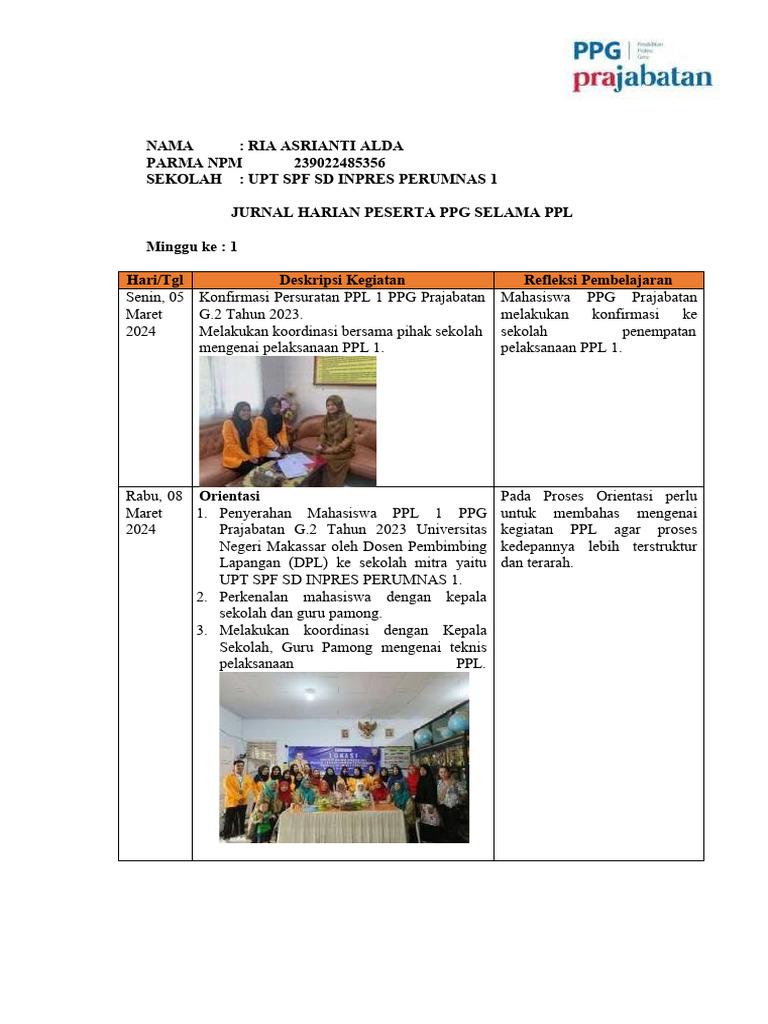 T1 - Jurnal Harian - Minggu 1 - Ria Asrianti Alda Parma | PDF