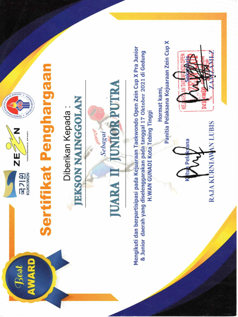 Sertifikat Taekwondo 17-10-2021 JEKSON NAINGGOLAN | PDF