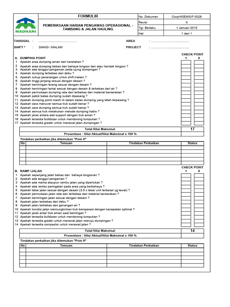 Formulir Pemeriksaan Harian Pengawas Operasional | PDF