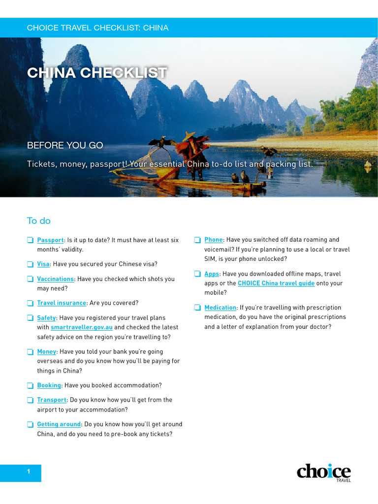 CHOICE Travel-China Checklist | PDF | Medical Prescription