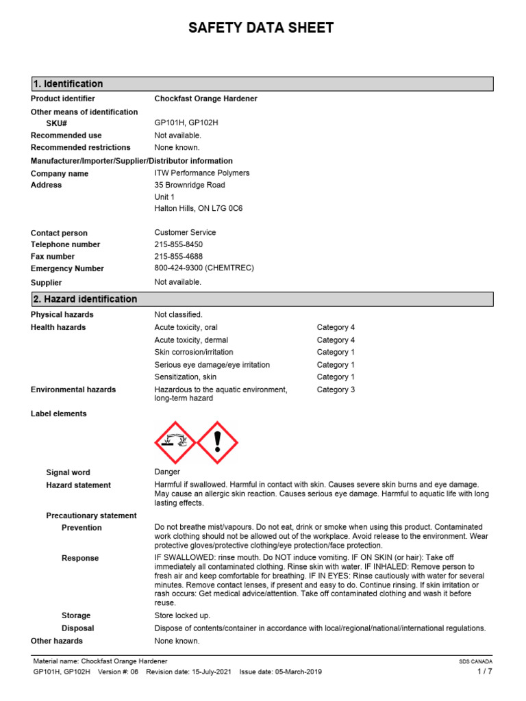 Chockfast Orange Hardener SDS Canada EU English | PDF | Personal ...
