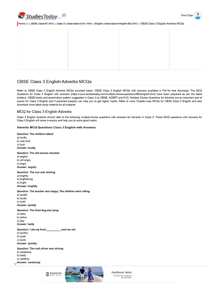 CBSE Class 3 English Adverbs MCQS, Multiple Choice Questions | PDF ...