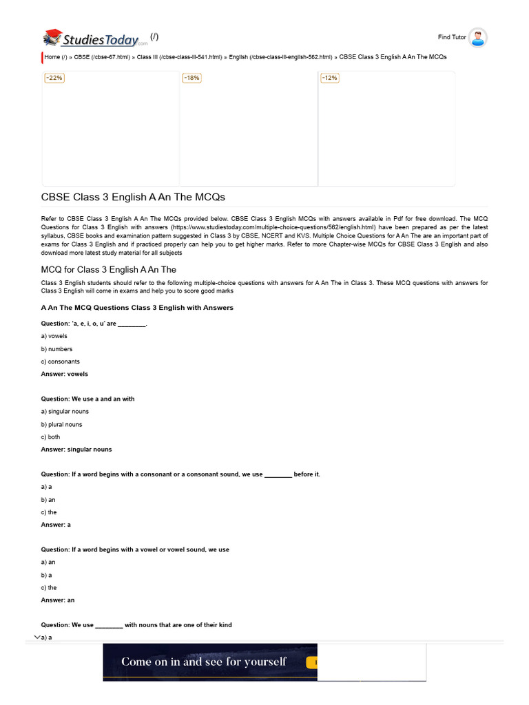 CBSE Class 3 English A An The MCQs, Multiple Choice Questions | PDF | Multiple Choice | English ...