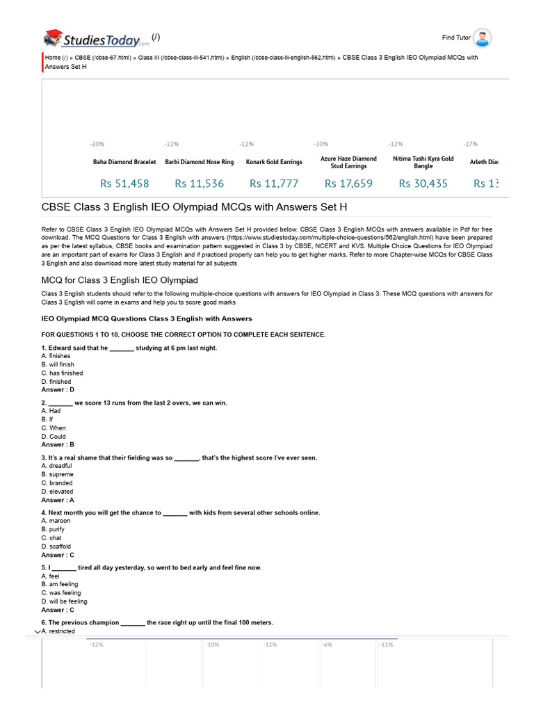 CBSE Class 3 English IEO Olympiad MCQs With Answers Set H, Multiple Choice Questions | PDF ...