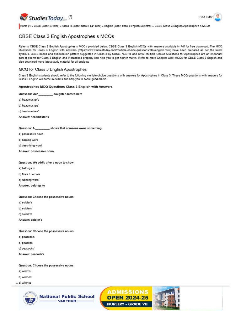 CBSE Class 3 English Apostrophes S MCQS, Multiple Choice Questions | Download Free PDF | English ...