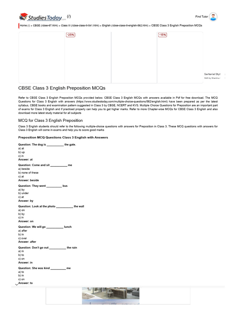 Class 3 English Preposition MCQs | PDF | Multiple Choice | English Language