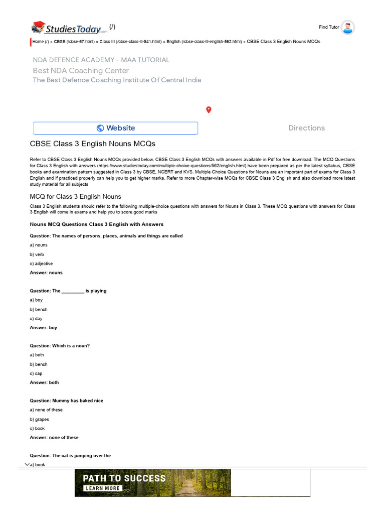 CBSE Class 3 English Nouns MCQS, Multiple Choice Questions | PDF ...