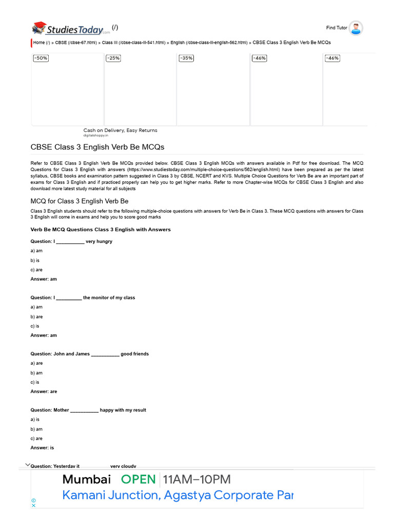 CBSE Class 3 English Verb Be MCQS, Multiple Choice Questions | Download ...