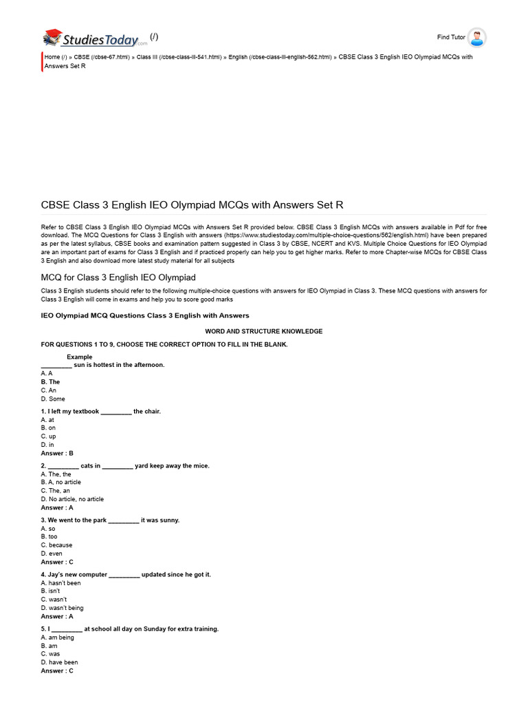 CBSE Class 3 English IEO Olympiad MCQs With Answers Set R, Multiple Choice Questions | PDF ...
