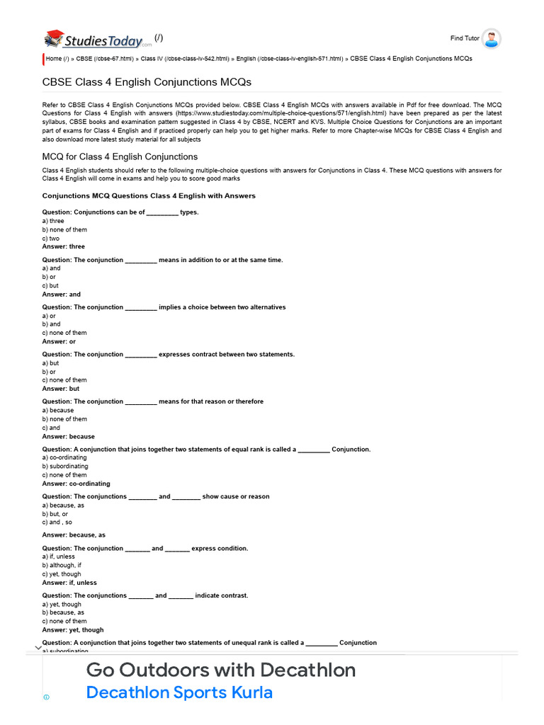 CBSE Class 4 English Conjunctions MCQS, Multiple Choice Questions ...