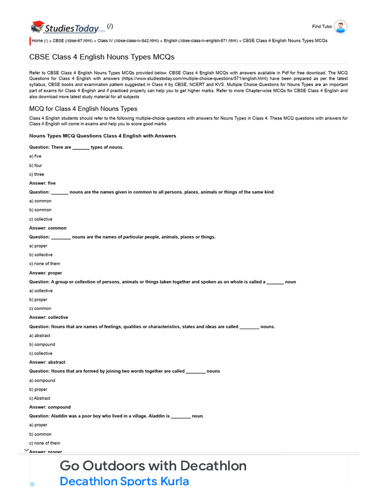 CBSE Class 4 English Nouns Types MCQs, Multiple Choice Questions | PDF ... CBSE Class 4 English Nouns Types MCQs, Multiple Choice Questions | PDF ...