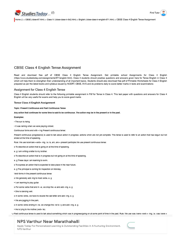 CBSE Class 4 English Tense Assignment | PDF | Verb | Subject (Grammar)
