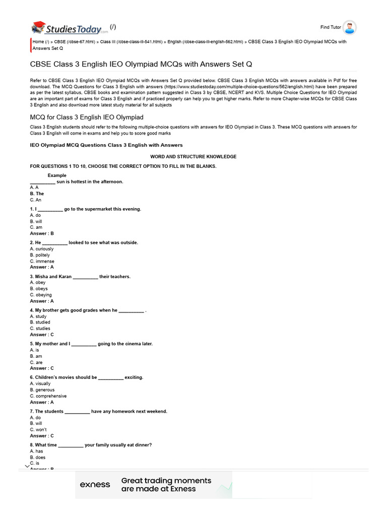 CBSE Class 3 English IEO Olympiad MCQs with Answers Set Q, Multiple ...