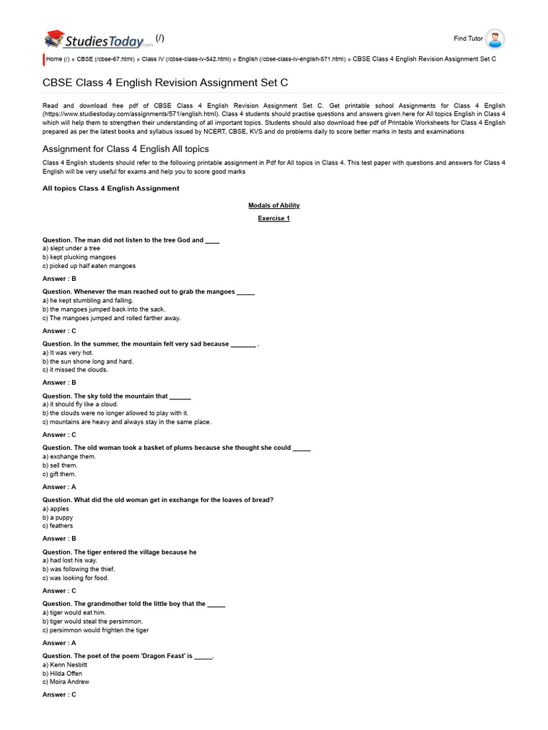 CBSE Class 4 English Revision Assignment Set C | PDF | Multiple Choice