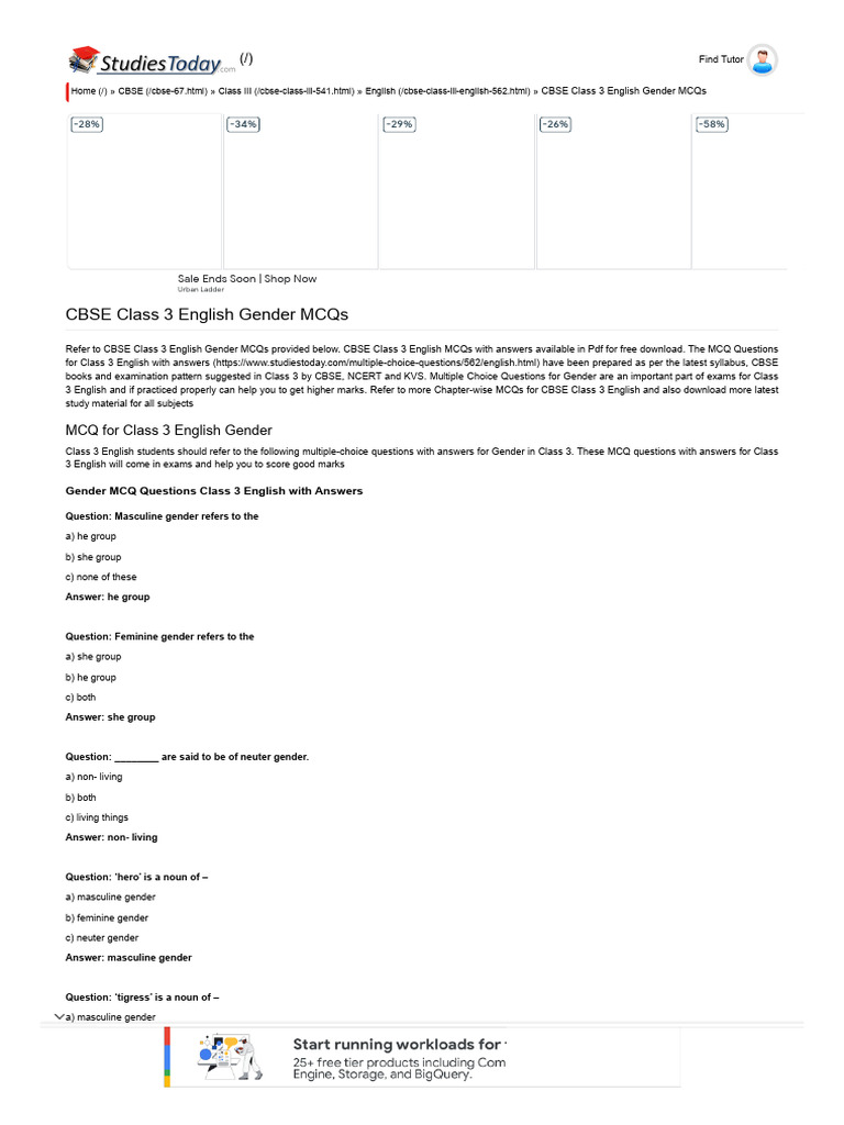 CBSE Class 3 English Gender MCQS, Multiple Choice Questions | PDF ...