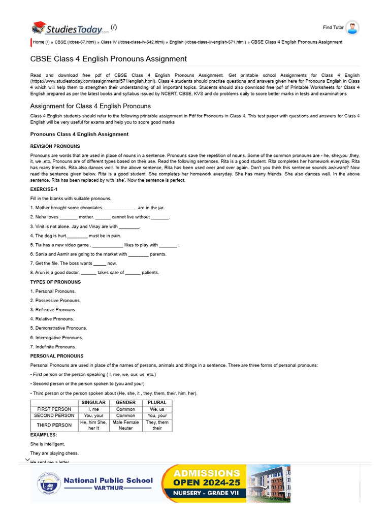 CBSE Class 4 English Pronouns Assignment | Download Free PDF | Multiple ...