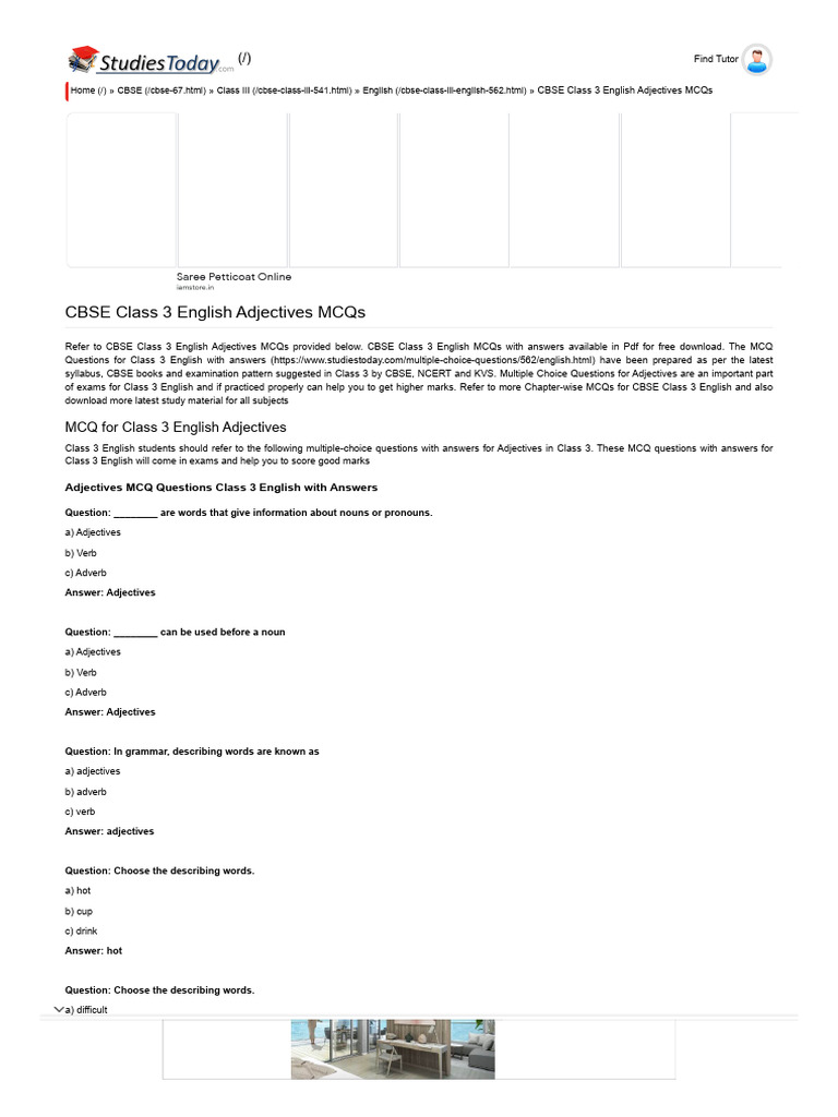 CBSE Class 3 English Adjectives MCQS, Multiple Choice Questions | PDF | Multiple Choice ...