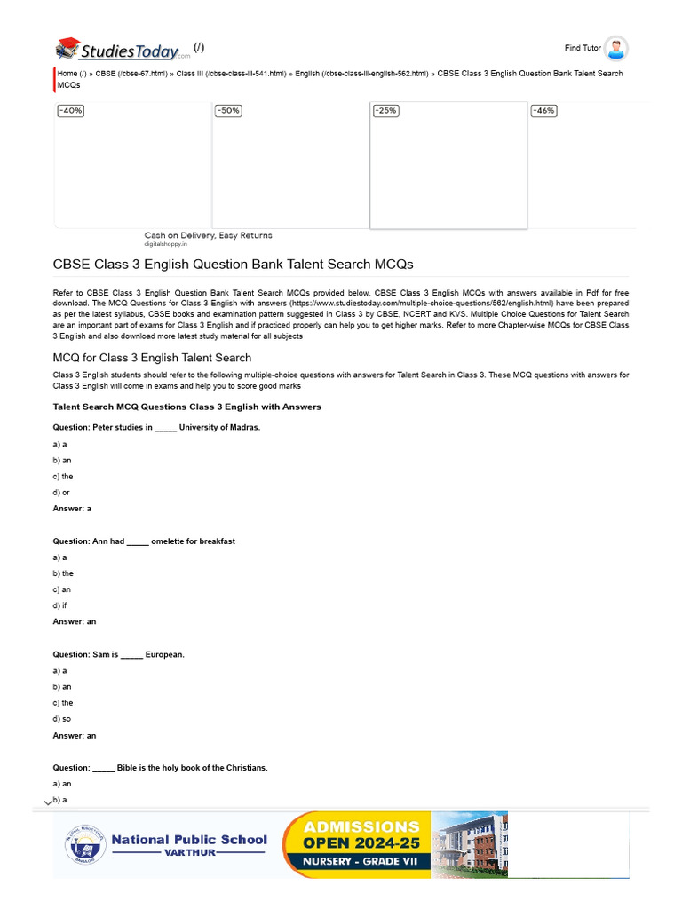 CBSE Class 3 English Question Bank Talent Search MCQS, Multiple Choice ...