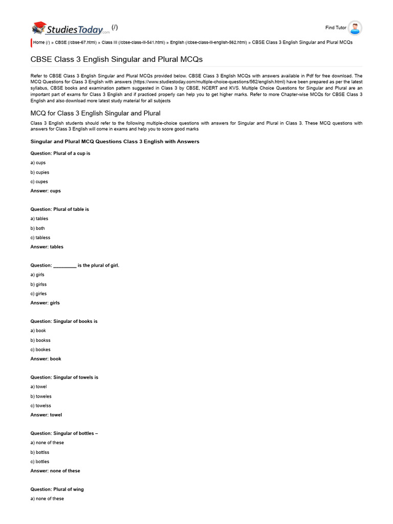 CBSE Class 3 English Singular and Plural MCQS, Multiple Choice ...