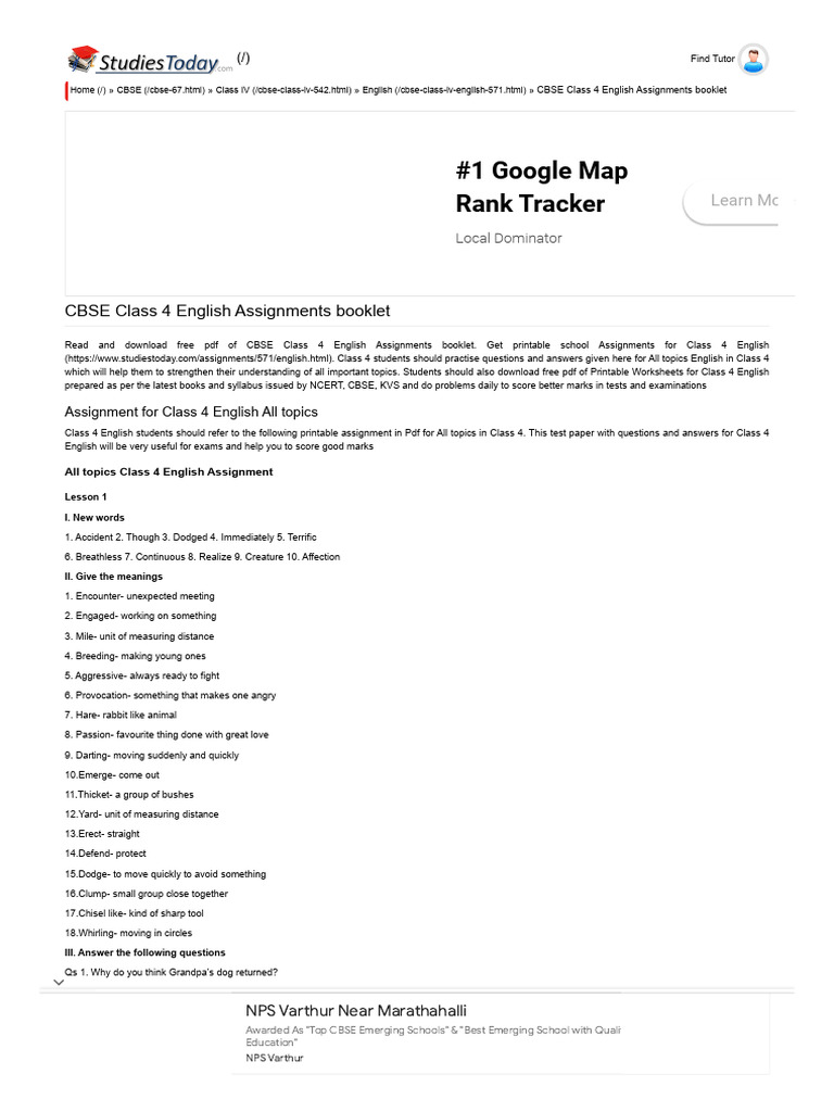 CBSE Class 4 English Assignments Booklet | PDF | Multiple Choice ...