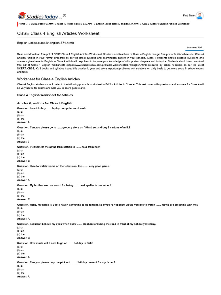 CBSE Class 4 English Articles Worksheet | PDF | Multiple Choice ...