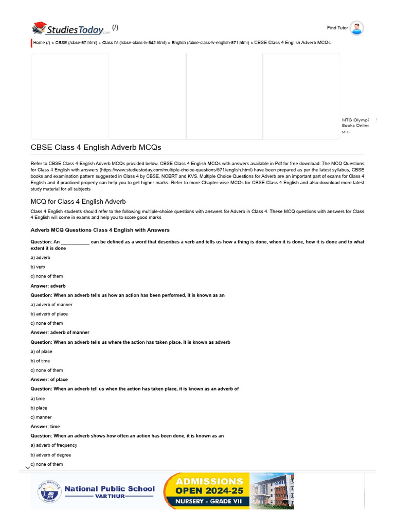 CBSE Class 4 English Adverb MCQs, Multiple Choice Questions | PDF ...